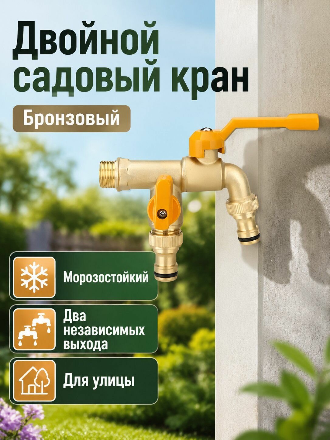 Кран для улицы с двумя выходами, медный, цинковый сплав, для полива и стирки