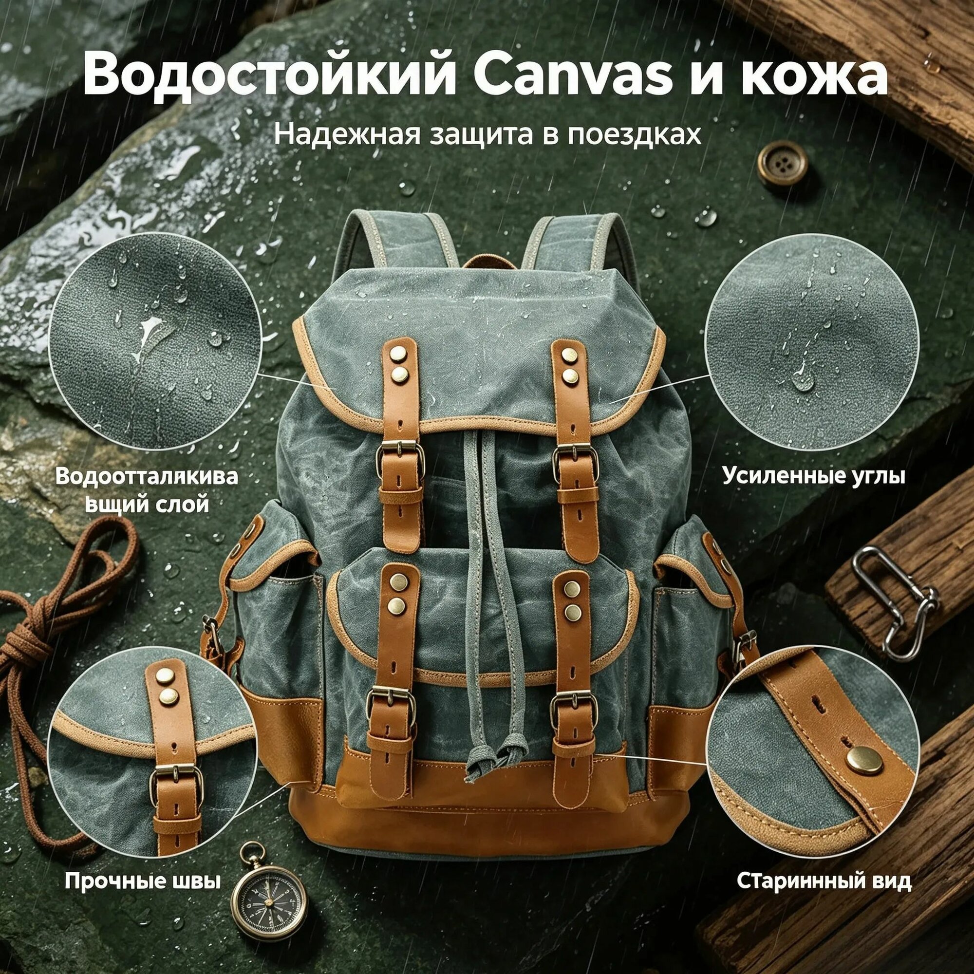 Рюкзак походный водонепроницаемый из масляной ткани 30л, винтажный для рыбалки и путешествий