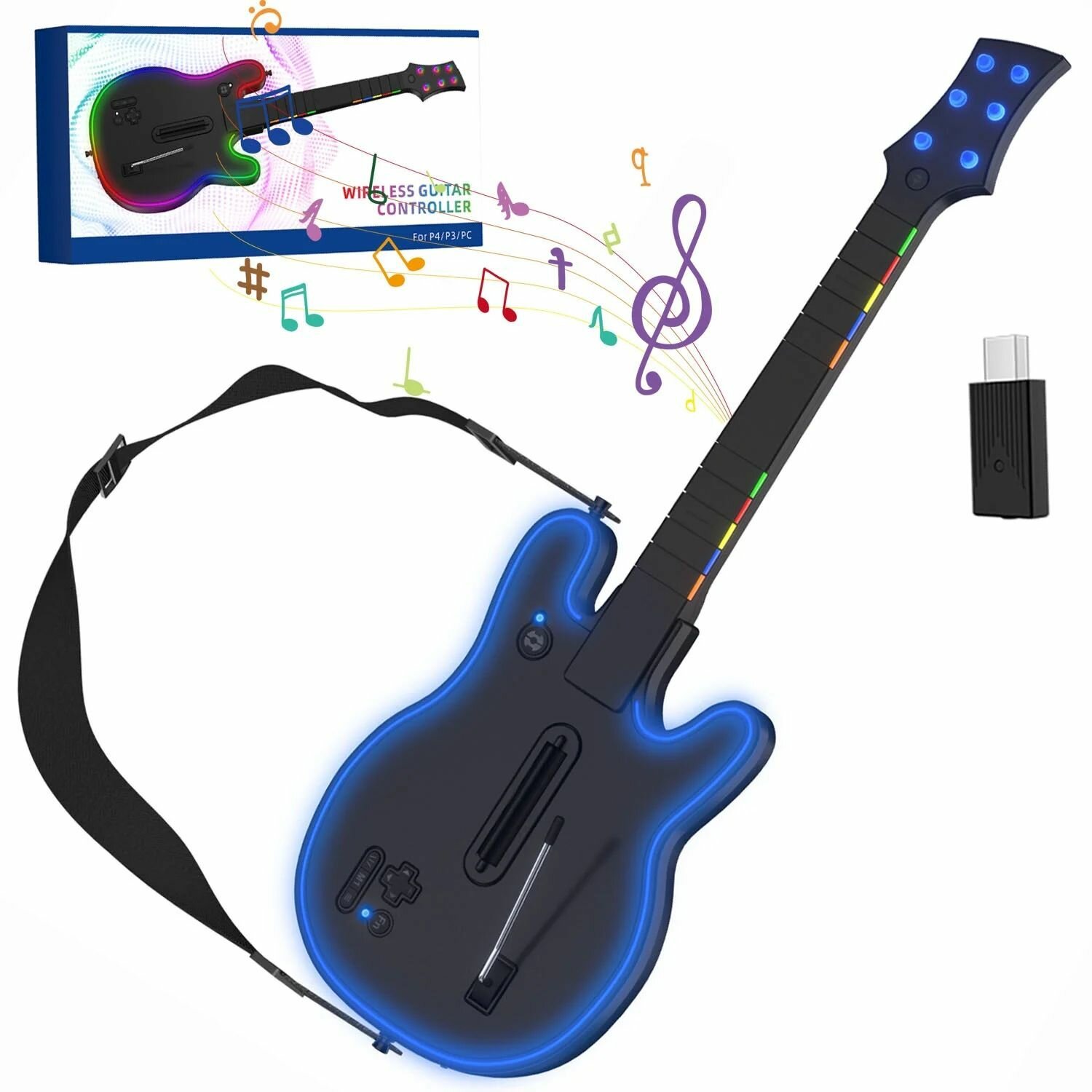 Беспроводной гитарный контроллер для PS4/PC/PS3, с ремнем и RGB подсветкой, для Guitar Hero и Rock Band, черный
