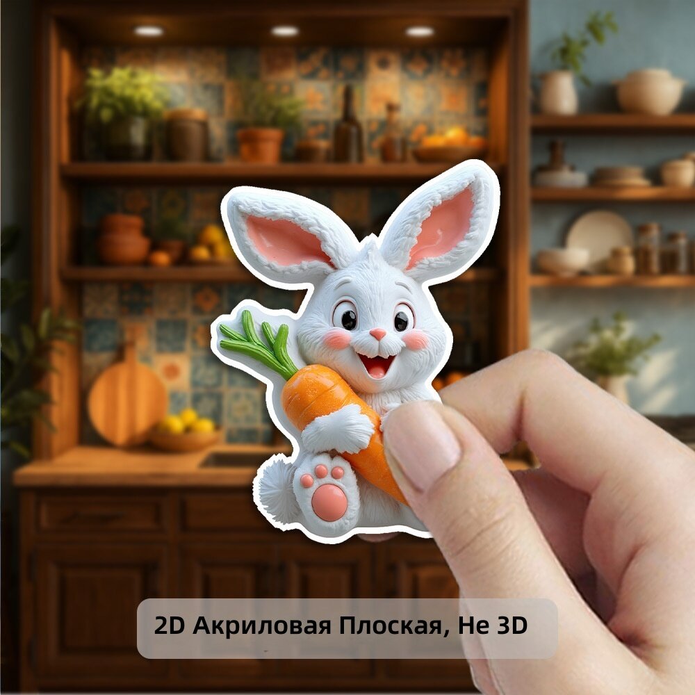 Плоский 2D-магнит на холодильник, милый белый пушистый кролик с большой морковью, акриловый, мультяшный, 3,15 дюйма, 1 шт, для декора комнаты и подарка