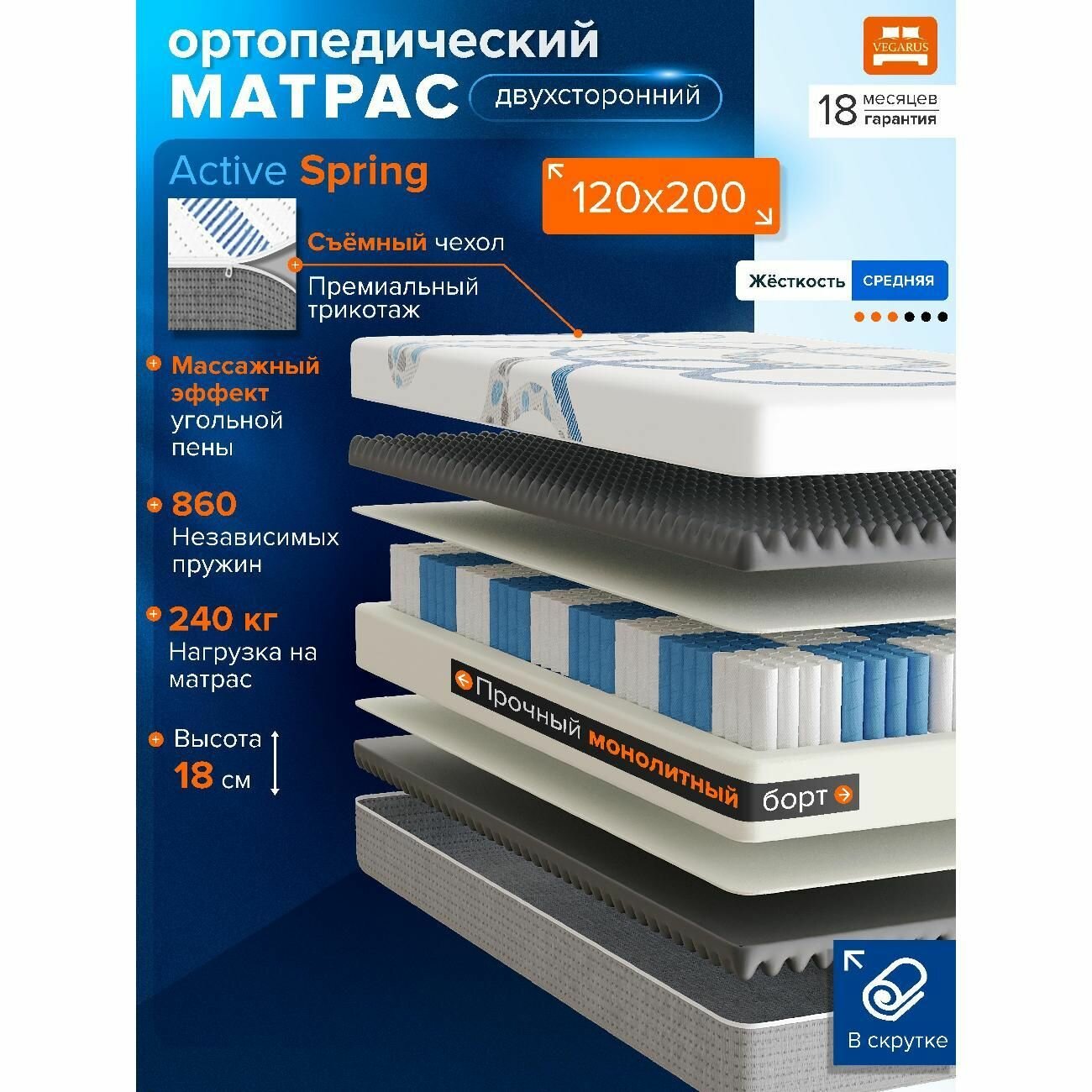 Матрас VEGARUS Матрас Active spring 120х200 на кровать пружинный ортопедический