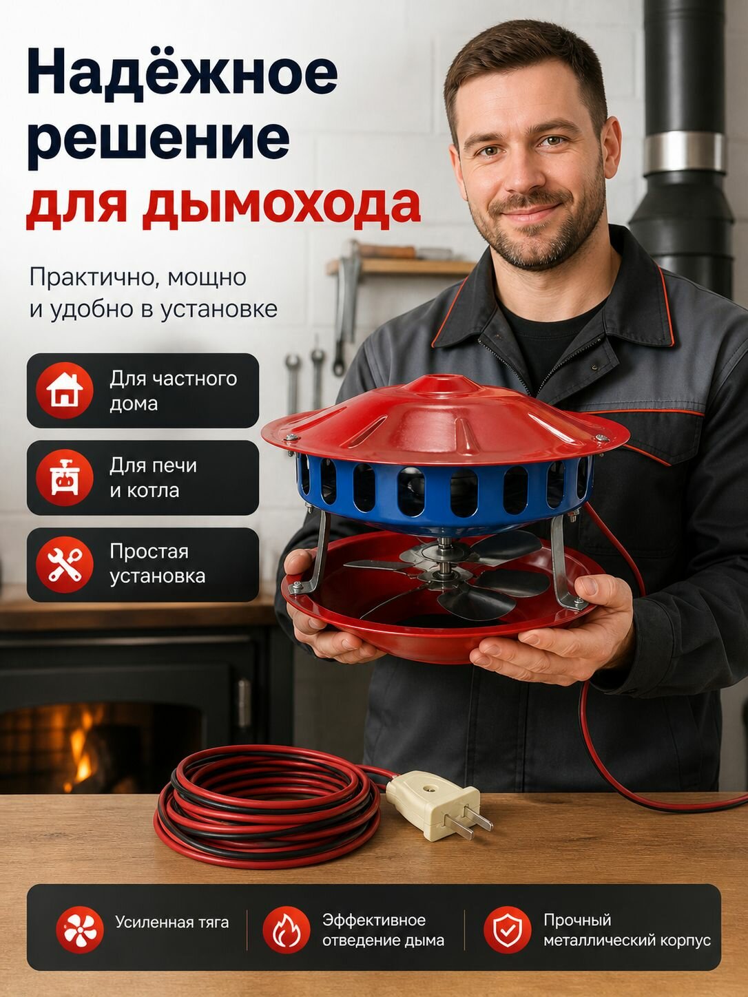Вытяжной вентилятор220 В мощностью 100Вт усиленная тяга дыма для печей и котлов частных домов