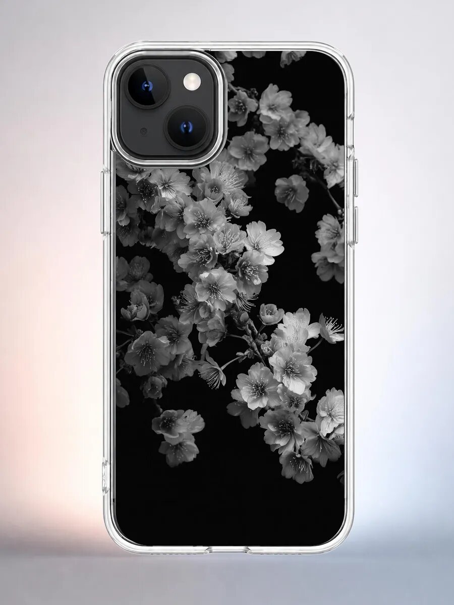 Чехол iPhone 14 чб цветы вишни силиконовый прозрачный
