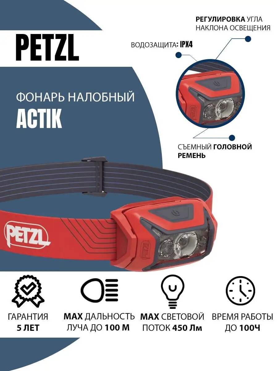 Фонарь налобный аккумуляторный светодиодный Petzl Actik, красный, 450 лм, 3-ААА, E063AA03