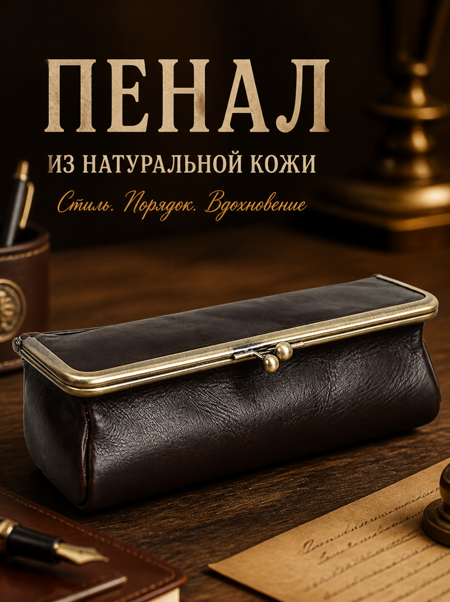 Пенал школьный из натуральной кожи с металлическим замком, кофейный — винтажный органайзер, 19.5х7х6.5 см