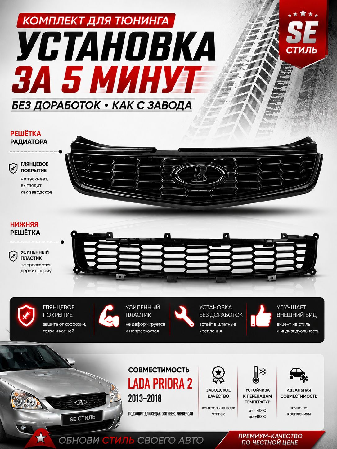 Комплект решеток радиатора для Лада Приора 2 (ВАЗ 21704) соты с эмблемой, молдингом улыбка, нижней решеткой черный глянец