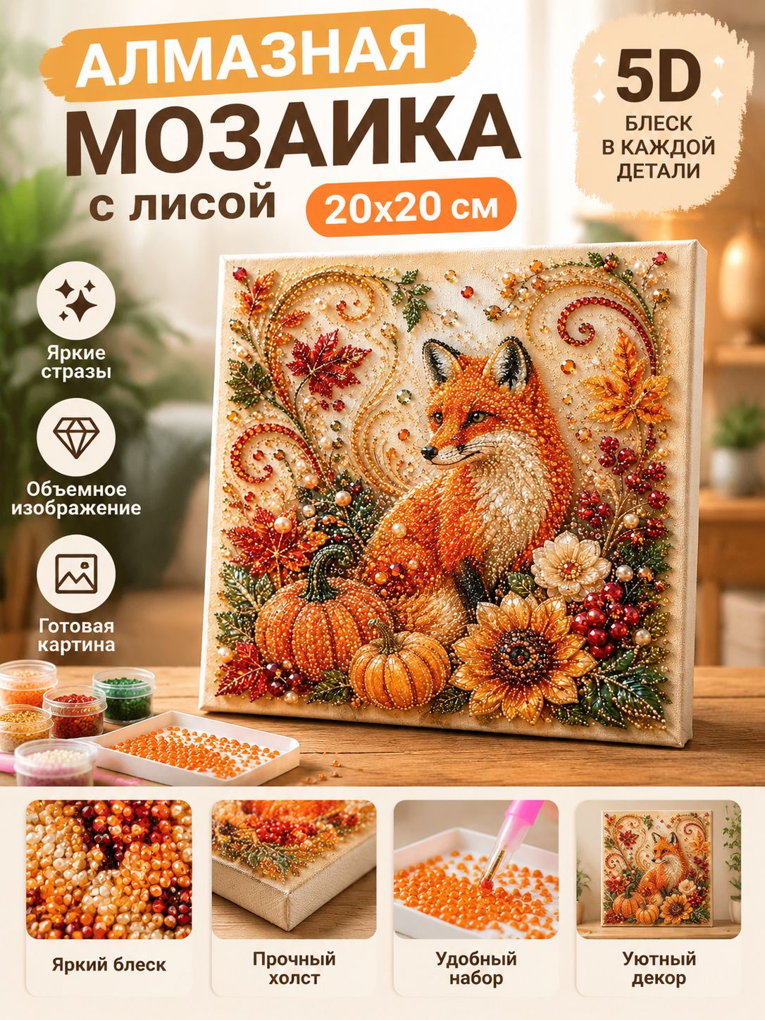 Алмазная мозаика с лисой, 20х20 см, 5D