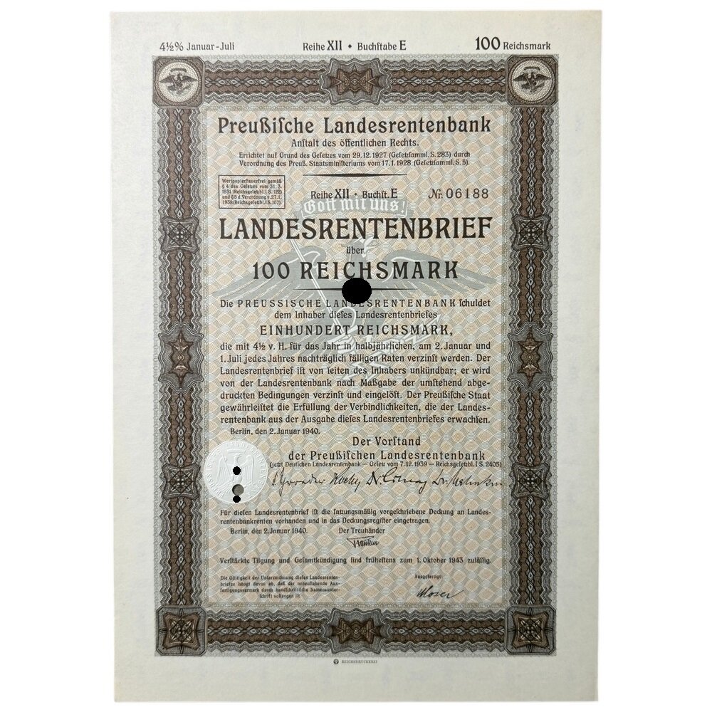 Третий Рейх, Preussische Landesrentenbank, рентный сертификат на 100 марок 1940 г. (Серия XII, E)