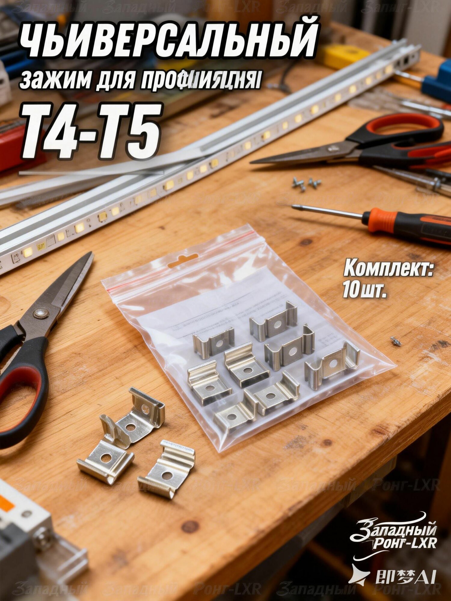 Клипса крепежная большая Т5 23х8 мм, 10шт, металлическое крепление скоба держатель для профиля LED ленты, фитолампы, светодиодного линейного светильника Т5, корпуса люминесцентной лампы шир. 19-21мм