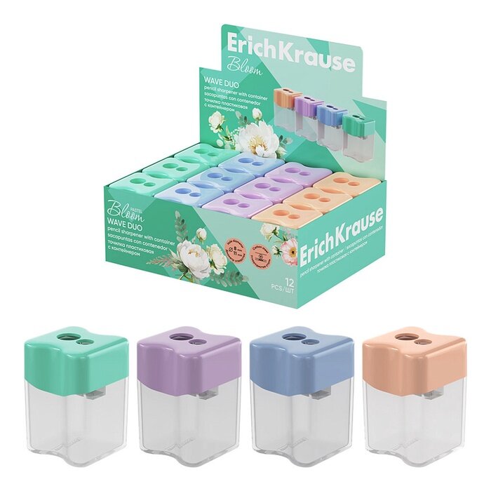 Точилка ErichKrause Wave Duo Pastel Bloom, 2 отверстия, с контейнером, микс