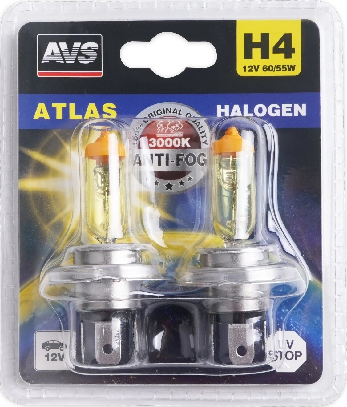 Комплект галогенных ламп AVS /ATLAS ANTI-FOG/желтый H4.12V.60/55W. бли