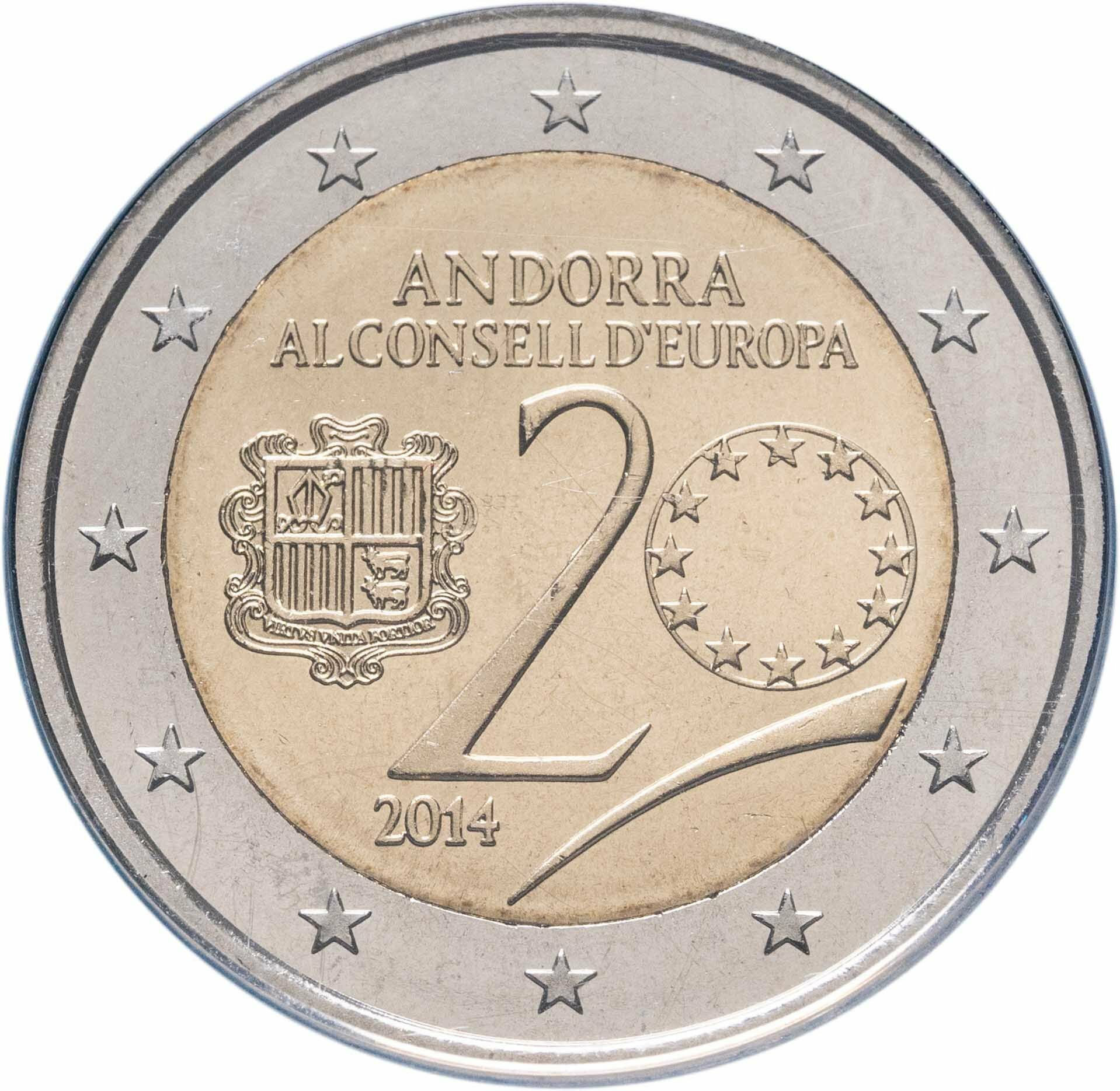 Андорра 2 евро euro 2014 "20 лет членства Андорры в ЕС" в буклете, Биметалл, в сохранности BUNC