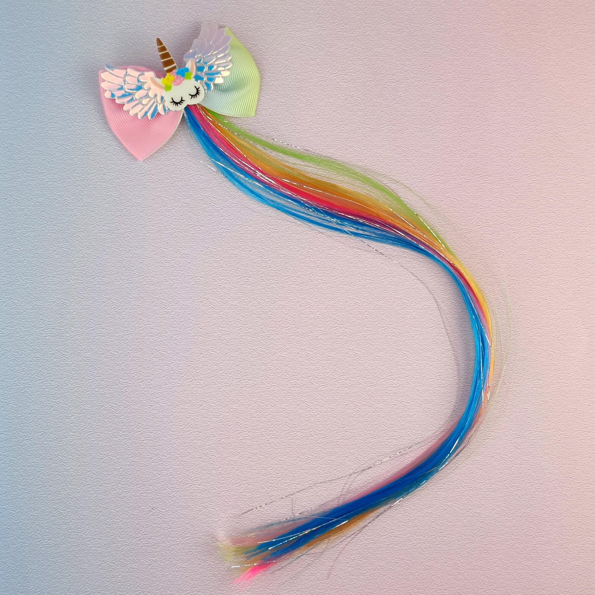 Прядь волос на заколке Lilit Единорог, с бантиком, радужный, 40см