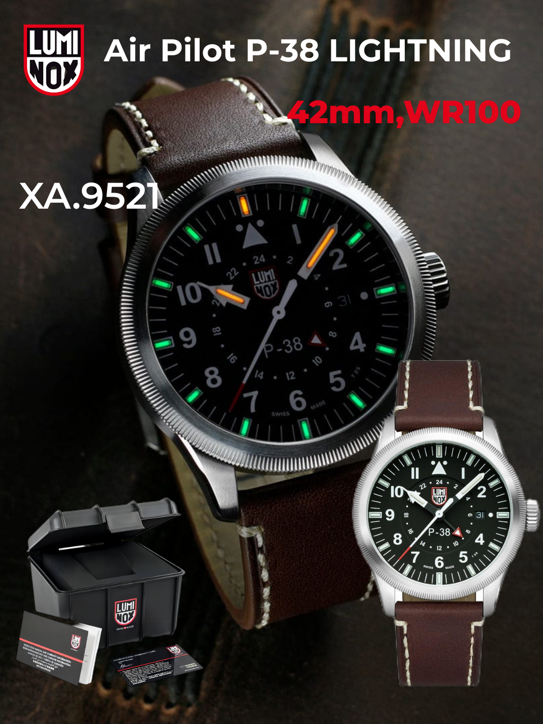 Швейцарские титановые наручные часы Luminox Air Pilot ,42mm, WR100, тритиевые трубки, Гарантия 2 года, XA.9521