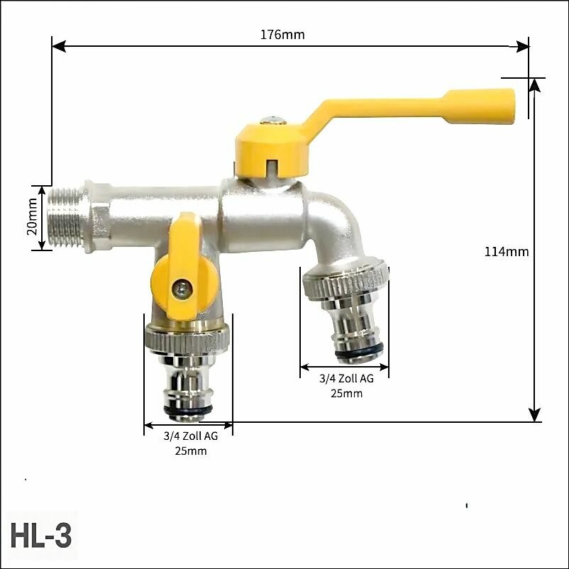 Двойной Кран водоразборный 1/2' дюйма - Садовый смеситель из цинкового сплава, выходное отверстие 2 * 3/4 дюйма(штуцер быстросъём)1