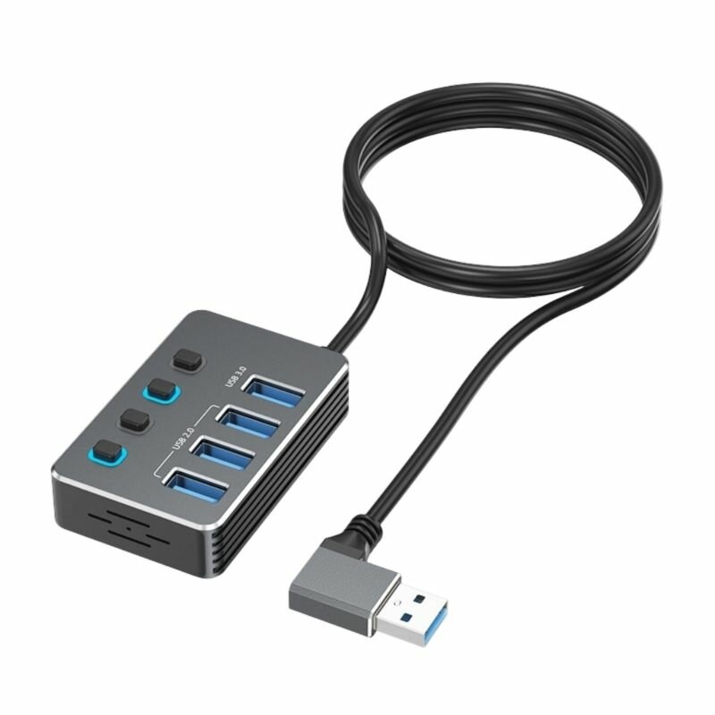 (1 шт.) Алюминиевый 4-портовый концентратор с независимыми выключателями (1xUSB 3.0 + 3xUSB 2.0) 100 см, изгиб влево