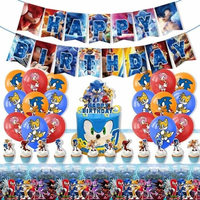 Набор для дня Рождения Sonic: 18шариков, растяжка, топперы для торта и пирожных (13шт(