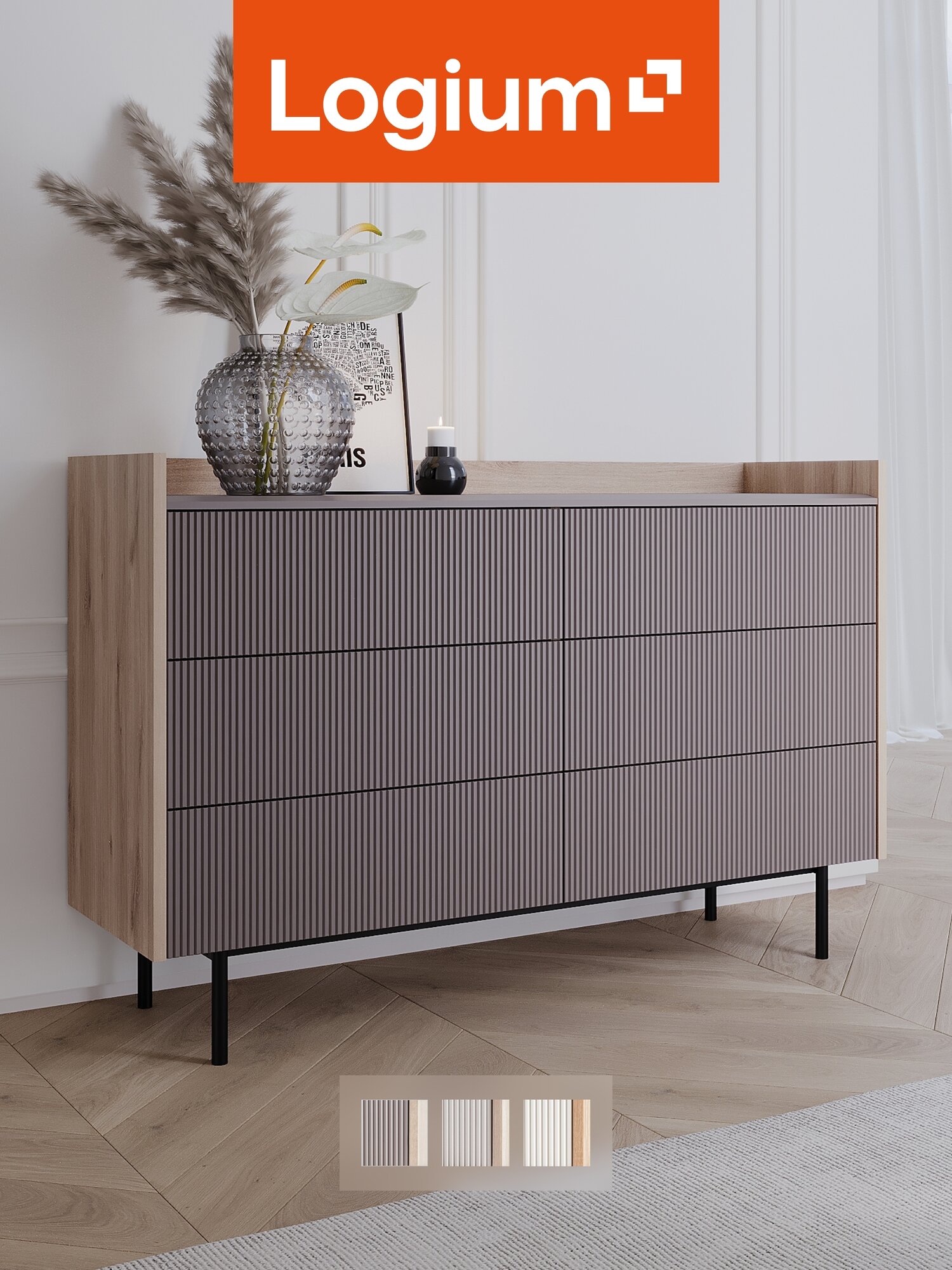 Комод для вещей с ящиками широкий, 116,6 х 36,5 х 76,8см, Наоми 16.243.06, Дуб Белый exclusive, Веллюто Капучино