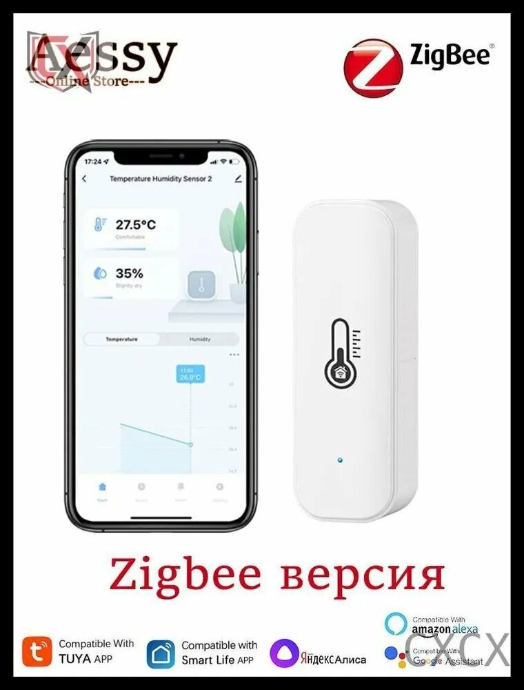 Tuya Смарт WiFi/Zigbee датчик температуры и влажности, мониторинг гигрометра-термометра в помещении, работает с Alexa, Google Home, Яндекс Алиса
