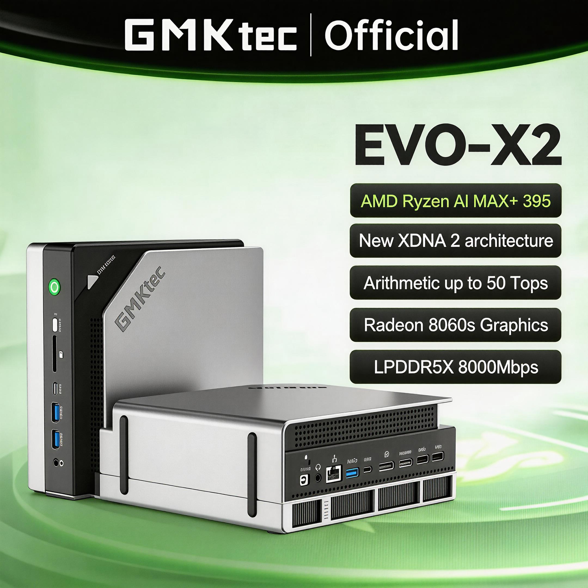 GMKtec Мини-ПК (AMD Ryzen Al Max+ 395, RAM 64 ГБ, SSD 1000 ГБ, AMD Radeon 8060S, ), EV0-X2, AI 50TOPS, WINDOWS 11 pro