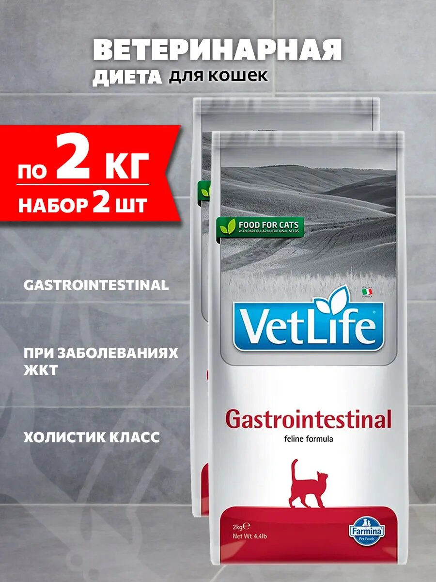 Корм сухой Farmina Vet Life Feline Gastrointestinal для взрослых кошек при заболеваниях желудочно-кишечного тракта, 2 кг 2 шт