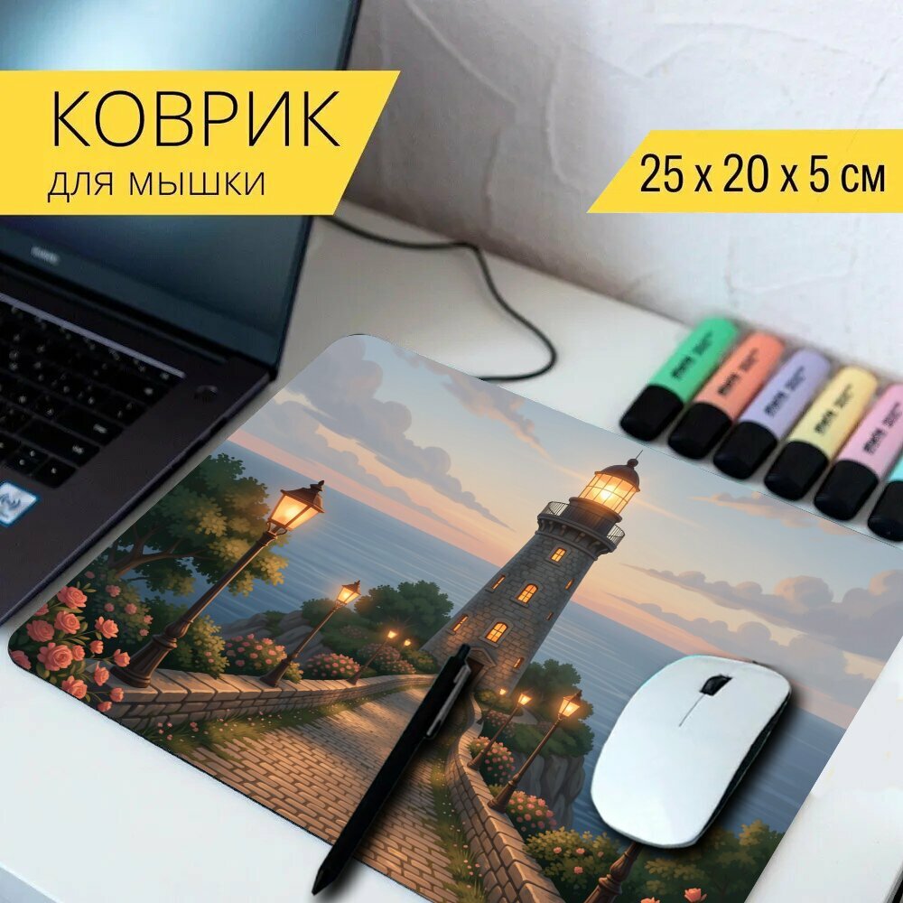 Коврик для мыши с принтом "Маяк на закате у моря. Живописный прибрежный пейзаж с высоким каменным светочем, теплым сиянием фонарей, розовыми цветами и дорожкой к воде." 25x20см.