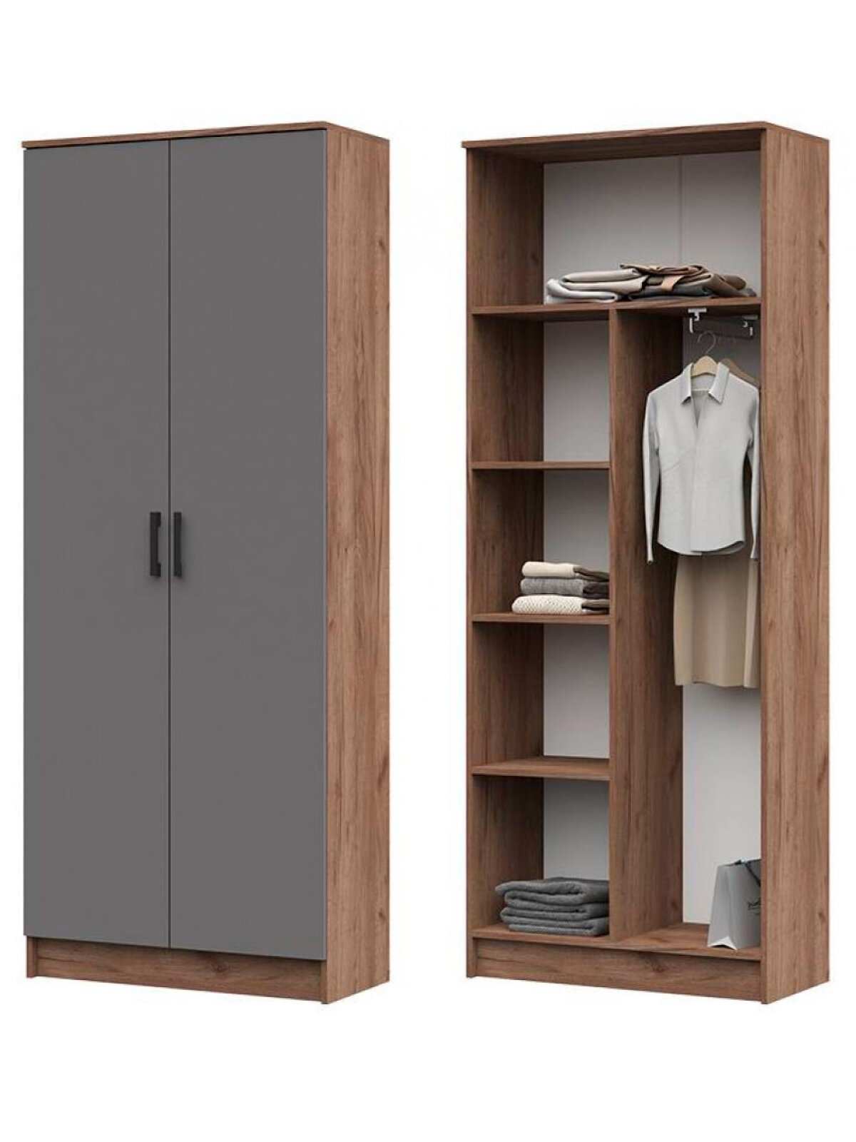 Шкаф со штангой и полками "Машенька ШК-204" серый +крафт табачный Huge Mebel. Ширина 800 Высота 2020. Шкафы распашные Huge Mebel. Ширина 800 Высота 2020