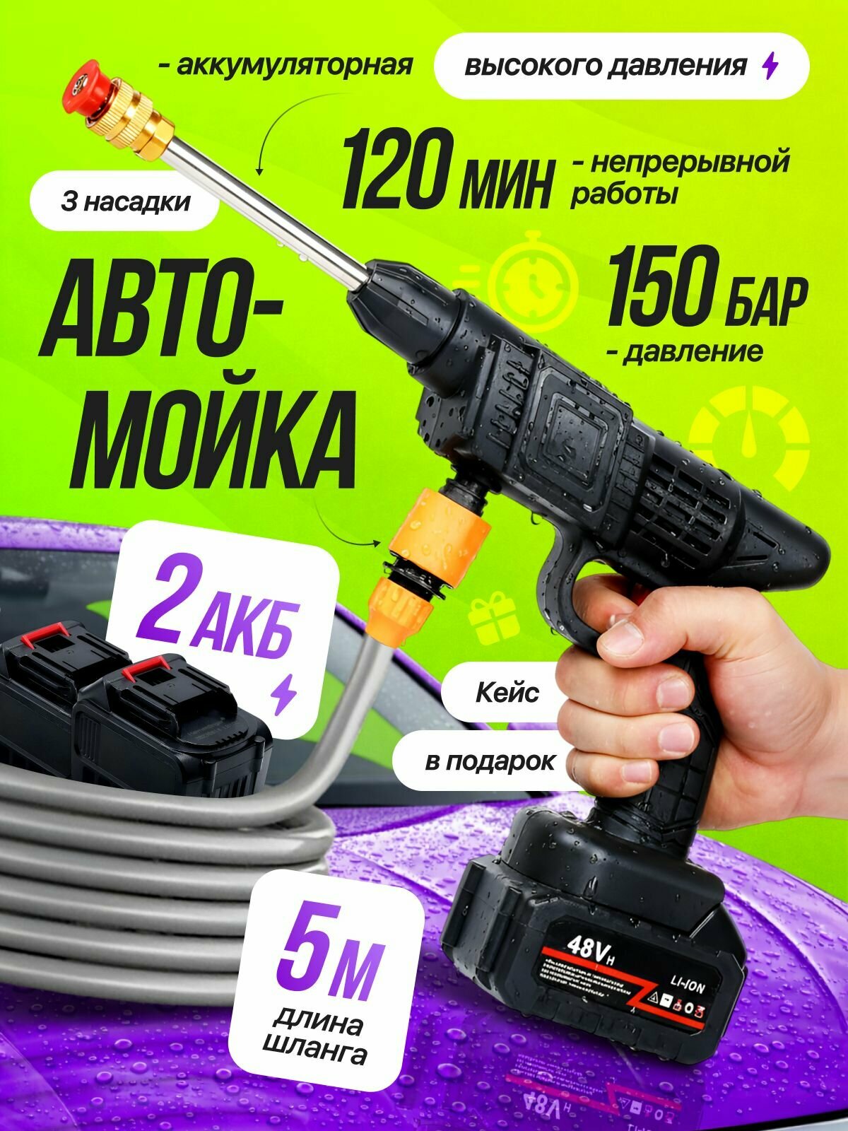 Аккумуляторная мойка высокого давления для автомобиля/ Портативная минимойка с двумя аккумуляторами