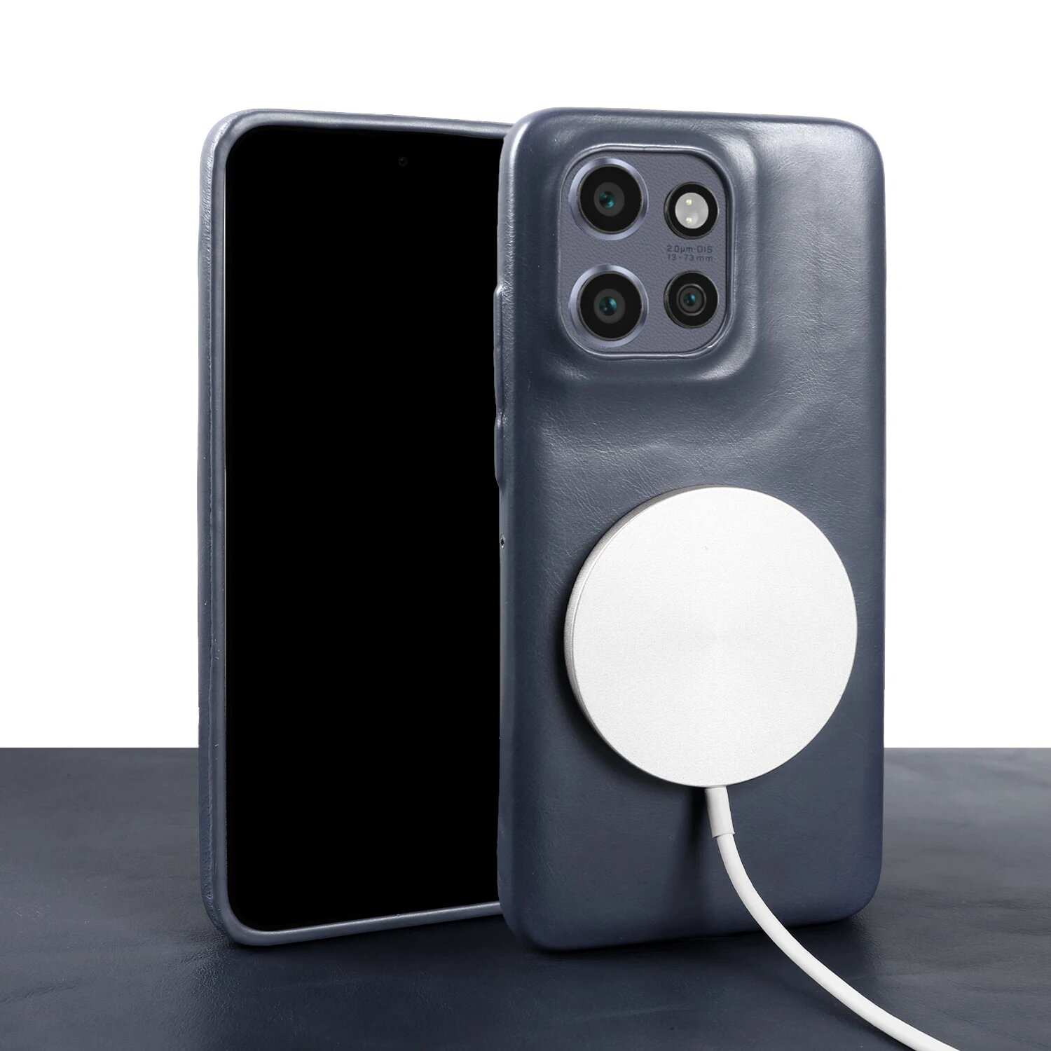 Магнитный чехол Magsafe из натуральной кожи для Motorola G45, G85, Моторола Край 50 Нео, Blue 5239