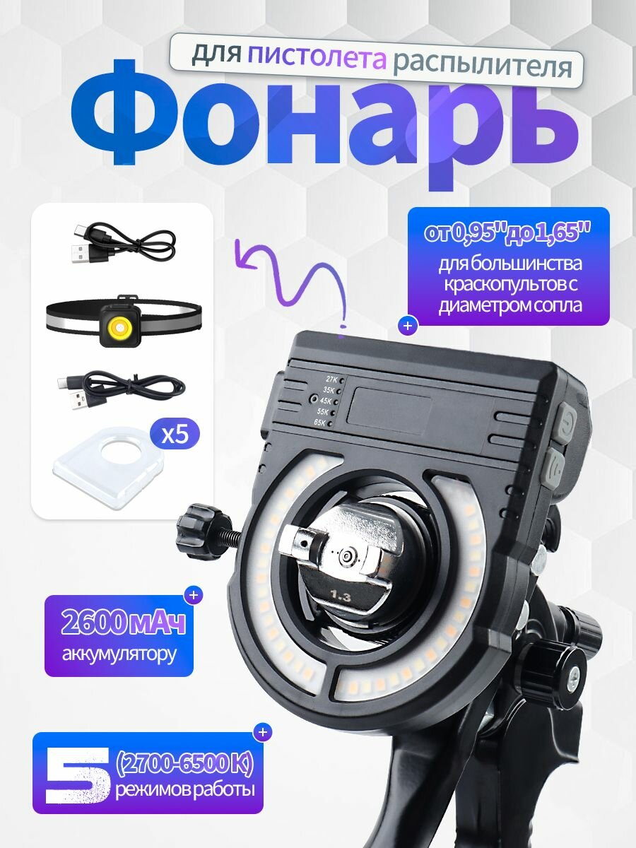 Комплект из фонарь для краскопульта универсальный, в комплект входит кабель передачи данных