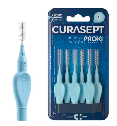 Ёршики межзубные Curasept Proxi Prevention P11, голубой, диаметр стержня 1,1 мм, в блистере 6 шт. Ершики в индивидуальных колпачках, на подставке. Италия.