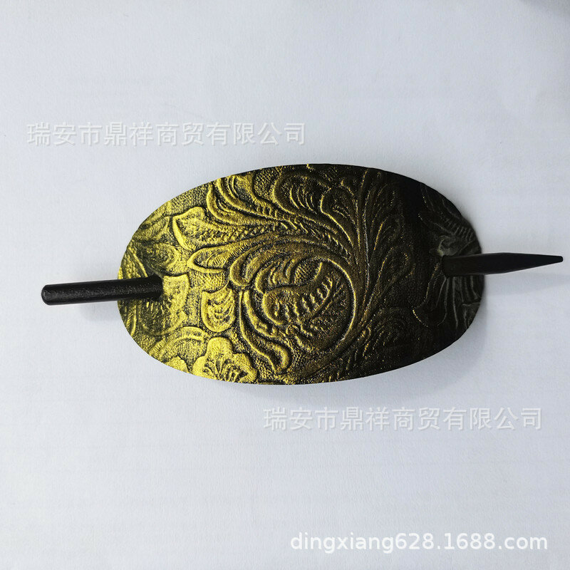 Заколка для волос "Трансграничный", кожаный ретро-стиль, овальная, золотая