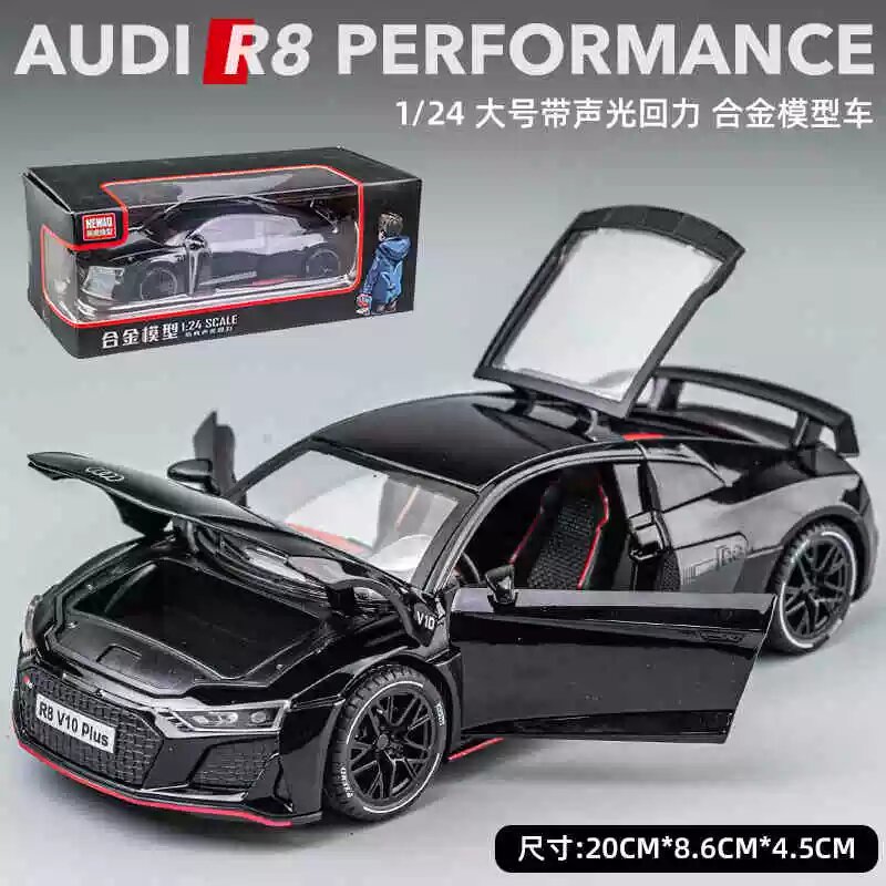 Модель автомобиля Audi R8 1:24 из цинка, черная отделка, классический подарок-коллекция