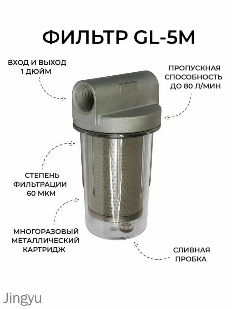 Фильтр очистки топлива GL-5М для дизеля — 60 мкм, прозрачный корпус, подключение 1' (25 мм), расход до 80 л/мин