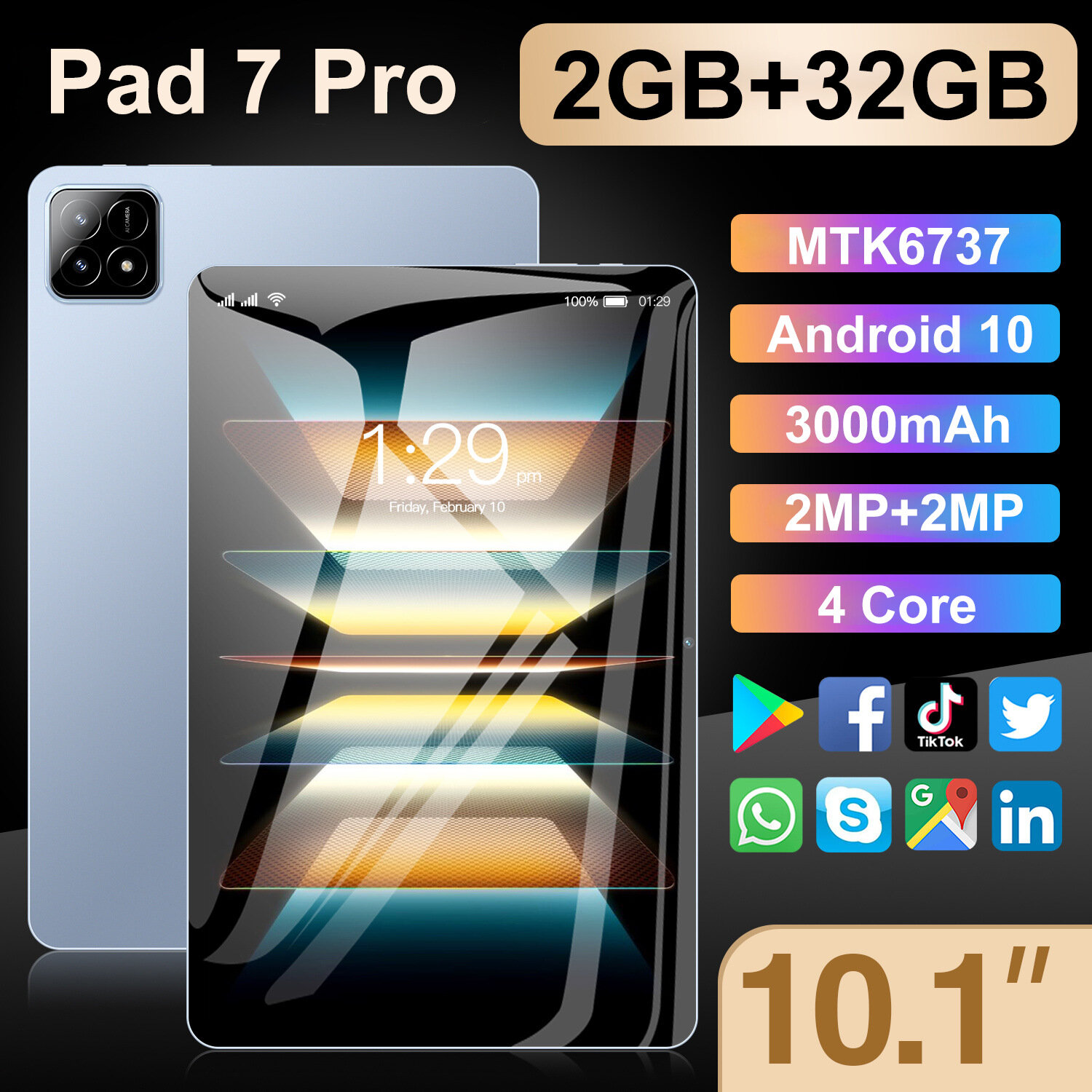 Планшет Pad7 Pro, 10.1-дюймовый экран, 2 ГБ ОЗУ + 32 ГБ ПЗУ, Android 10