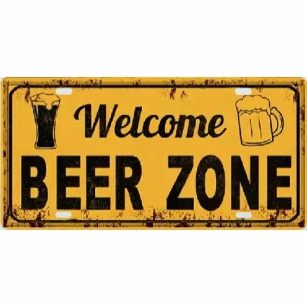 Табличка "Welcome Beer Zone", ретро стиль, металл, декор для бара, 15х30 см.
