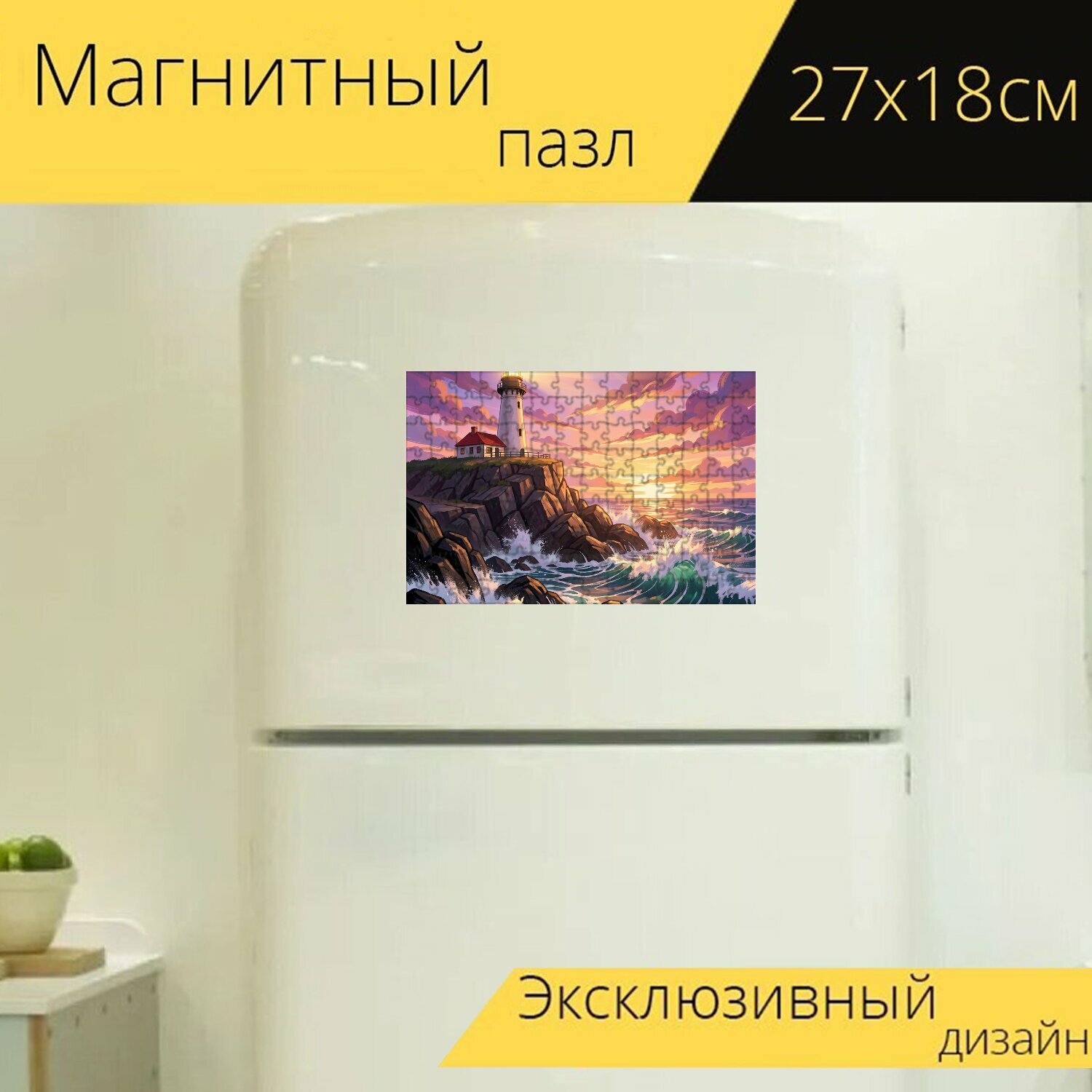 Магнитный пазл "Маяк на скалистом берегу. Живописная морская сцена в цифровой живописи: высокий светящийся маяк на утёсе, разбивающиеся волны." на холодильник 27 x 18 см.