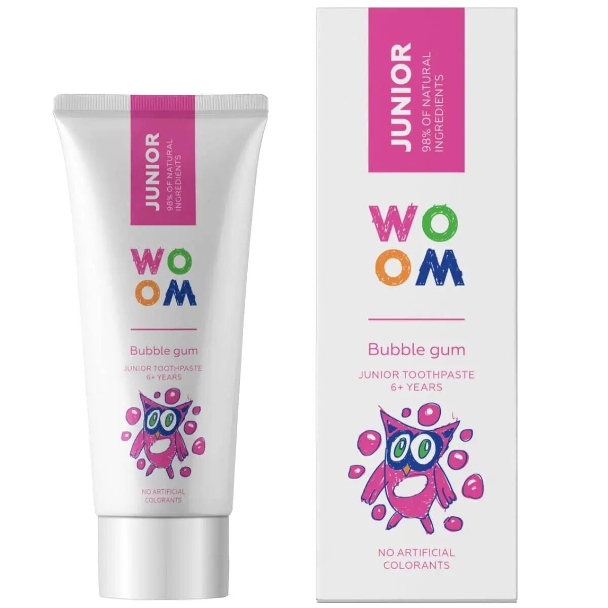 WOOM Детская зубная паста со вкусом Bubble Gum с ксилитом и фтором 950 ppm 6+, 50 мл