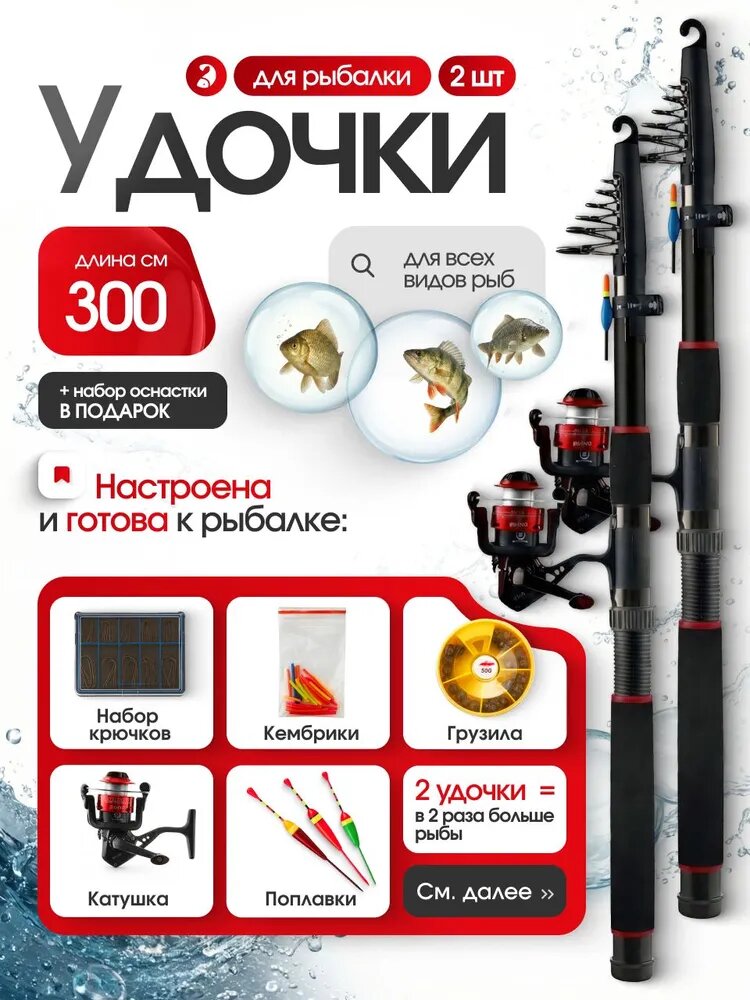 Удочка для рыбалки летняя 300 см Набор для рыбалки с двумя удочками Карповое удилище телескопическое