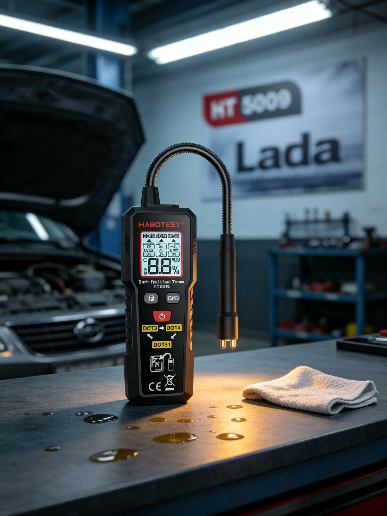 Тестер тормозной жидкости HABOTEST HT5009, высокочувствительный металлический зонд и гибкая трубка Snake с трехцветным ЖК-индикатором и звуковой сигнализацией