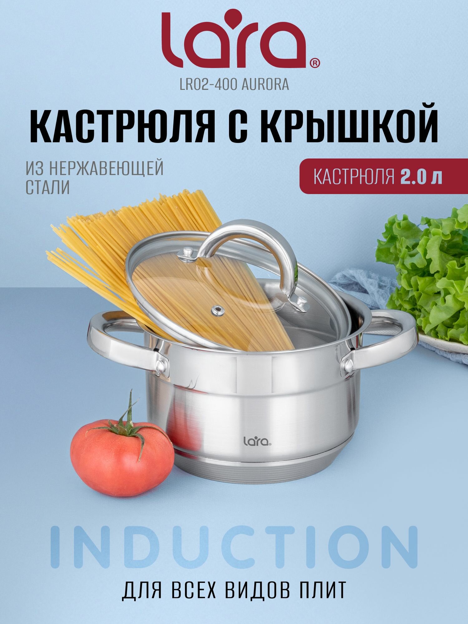 Кастрюля с крышкой 2,0 л LARA Aurora, из нержавеющей стали, для всех видов плит, в т. ч. индукционных плит LR02-400