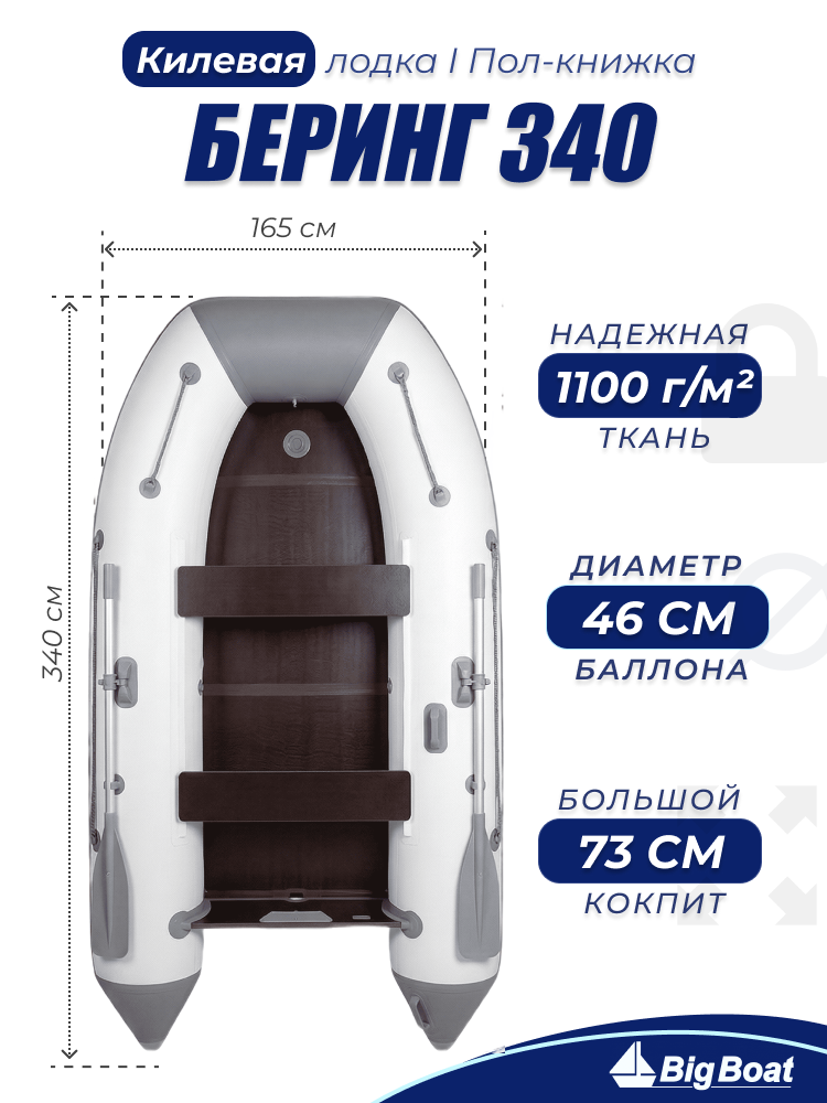 Надувная, под мотор, килевая лодка из ПВХ для рыбалки Bering (Беринг) 340К пол-книжка