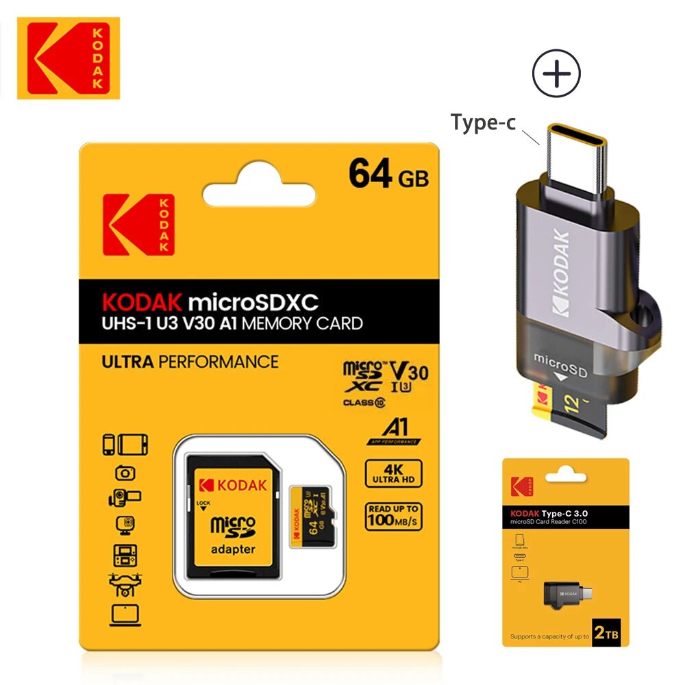 Kodak MicroSDXC 64GB UHS-I U3 V30 A1 с Type-C адаптером