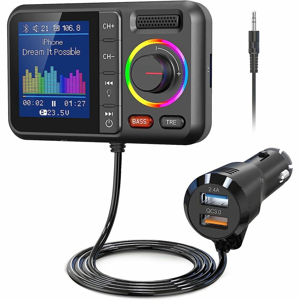 Автомобильный FM-передатчик Bluetooth V5.0 с MP3‑плеером, 1,8-дюймовым экраном, QC3.0 и поддержкой TF/USB/AUX
