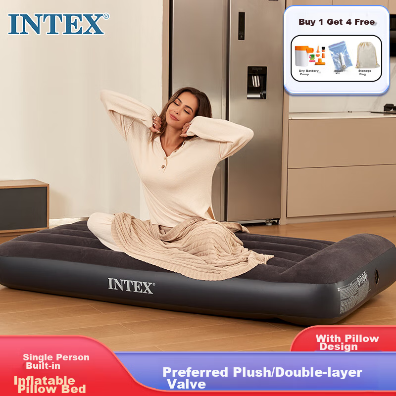 INTEX 64141 Одноместный надувной кровать с встроенным подушкой для кемпинга и домашнего использования 99x191x25CM