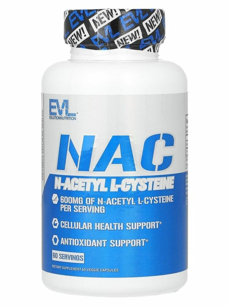N-ацетил L-цистеин, NAC, 600 мг, 60 растительных капсул, EVLution Nutrition