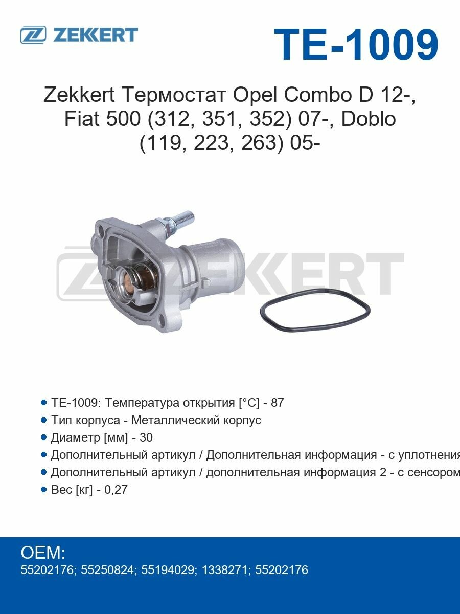 Zekkert Термостат Opel Combo D 12-, Fiat 500 (312, 351, 352) 07-, Doblo (119, 223, 263) 05-