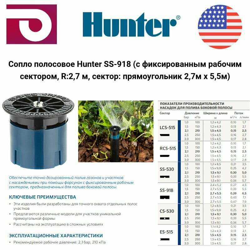 Комплект: сопло полосовое Hunter SS-918 (R:2,7 м, сектор: прямоугольник 2,7x5,5м) - 2 шт, SS918-2