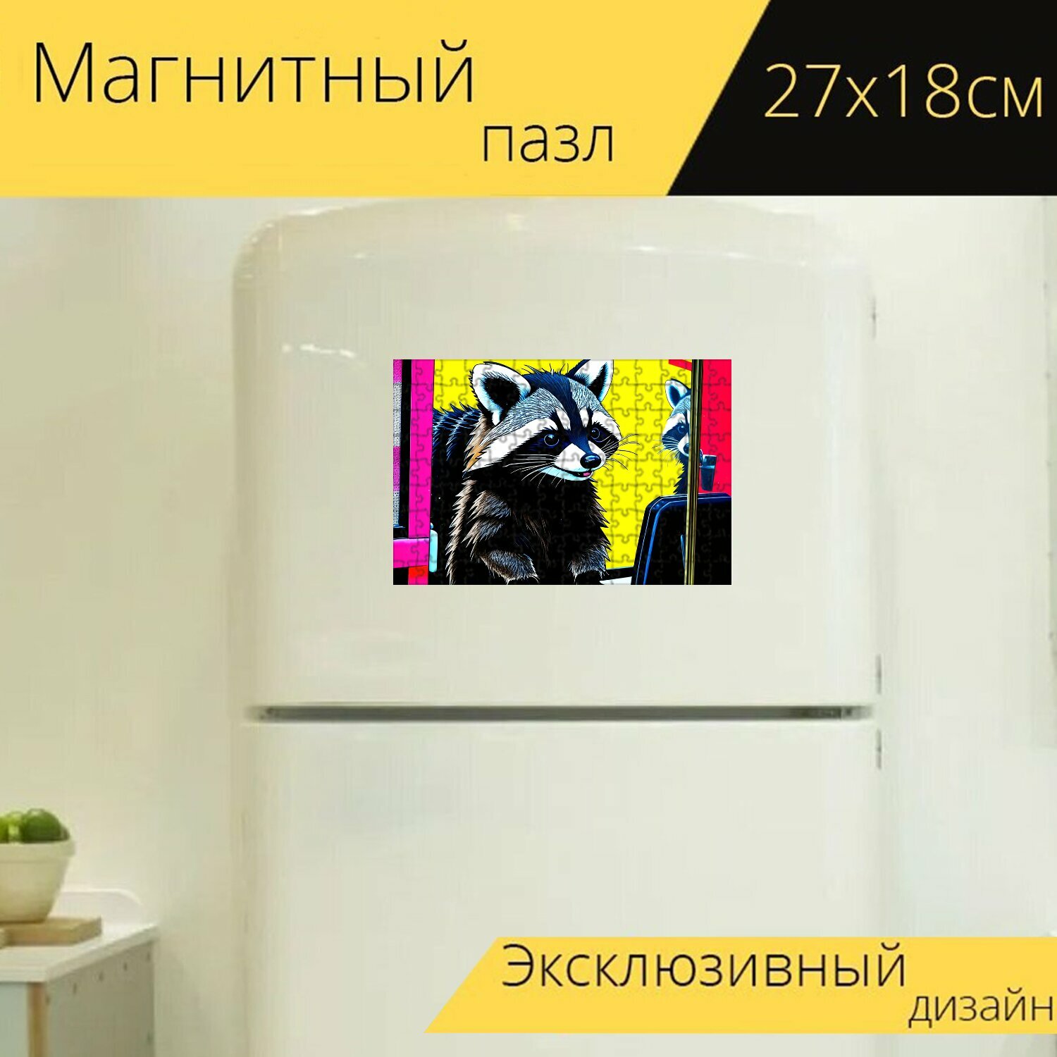 Магнитный пазл "Стильный черно-белый енот с хитрой улыбкой осматривает себя в зеркало в парикмахерской, где его ждет специальная стрижка. сцена насыщена." на холодильник 27 x 18 см.