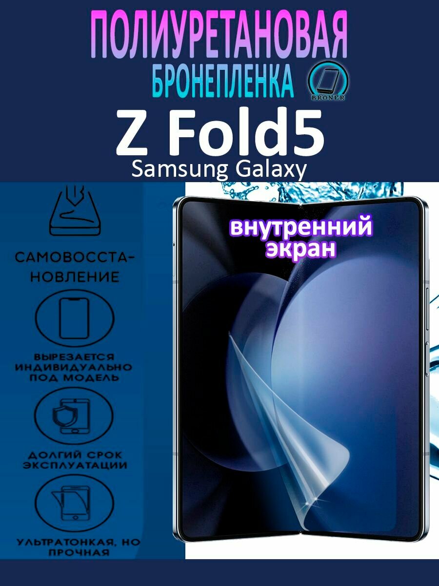 Полиуретановая бронепленка для Samsung Galaxy Z Fold5 / Защитная плёнка на весь внутренний экран, без выреза под камеру / Глянцевая